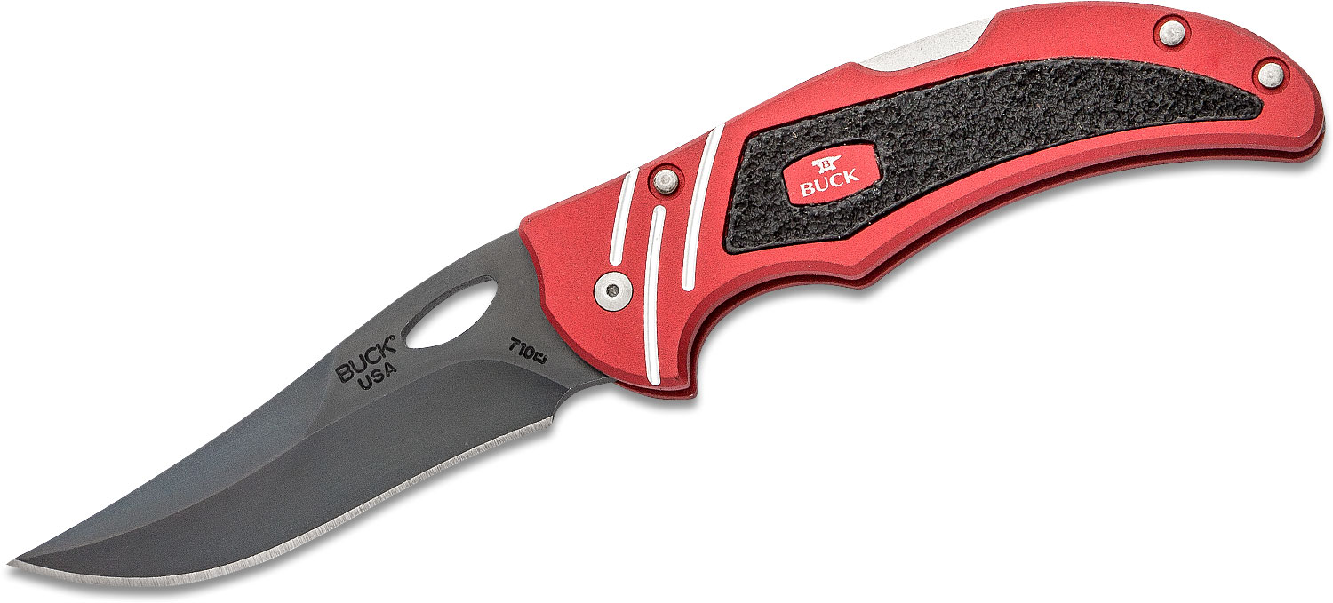 Buck 710 Volt Folding Knife 3.25" Black Skinner Blade, Red Aluminum ...