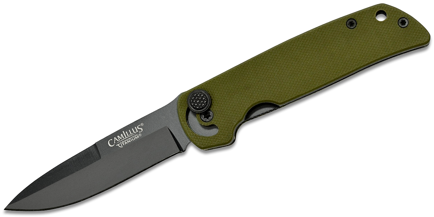 Camillus Cuda Mini Flipper Knife 3" Black Drop Point Blade, OD Green G10 Handles - KnifeCenter ...