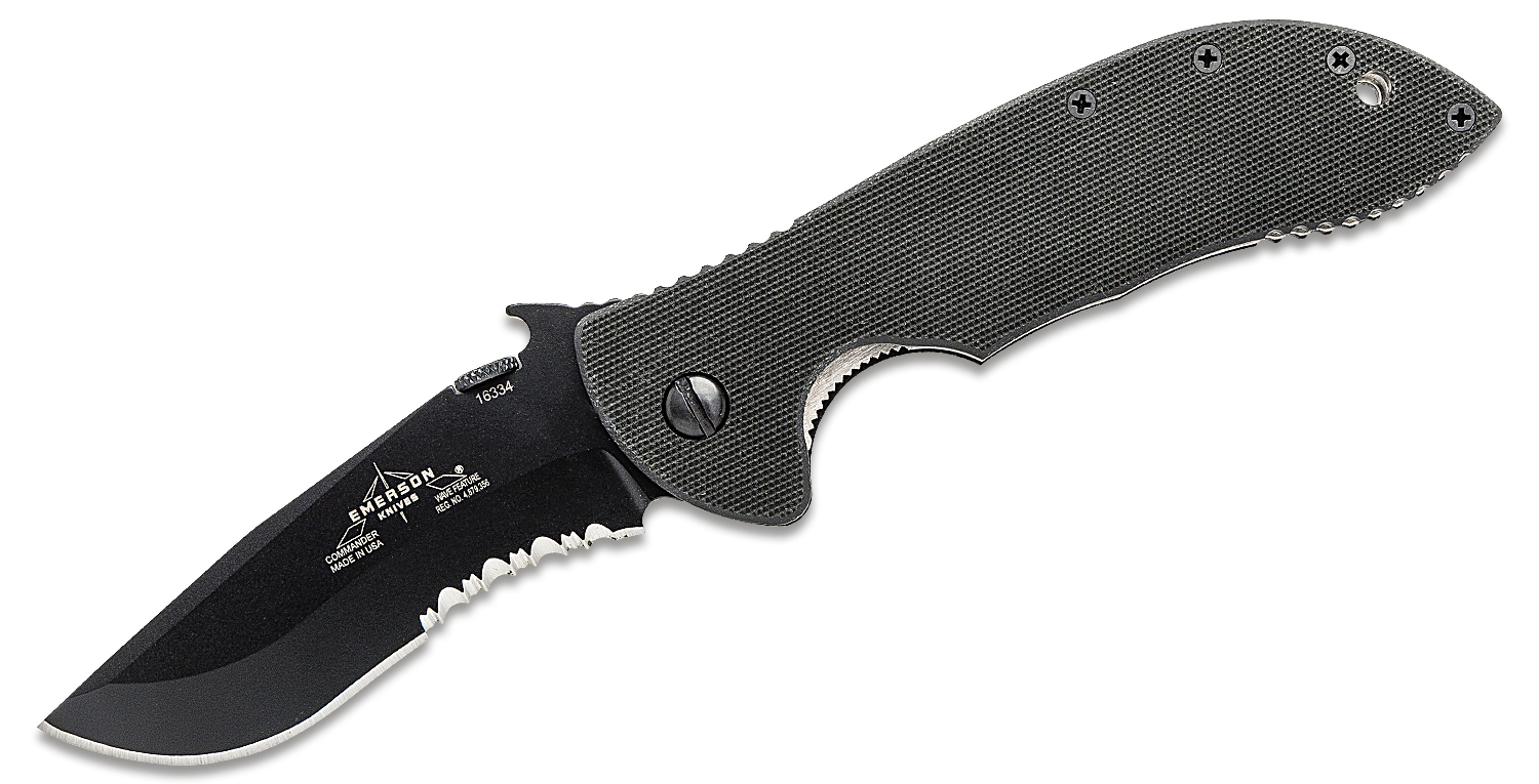 Emerson Commander Folding Knife 3.75" Black Combo Blade with Wave ...