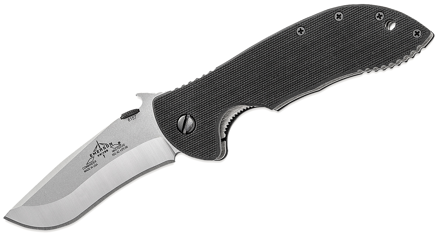 Emerson Commander Folding Knife 3.75" Stonewash Plain Blade with Wave ...