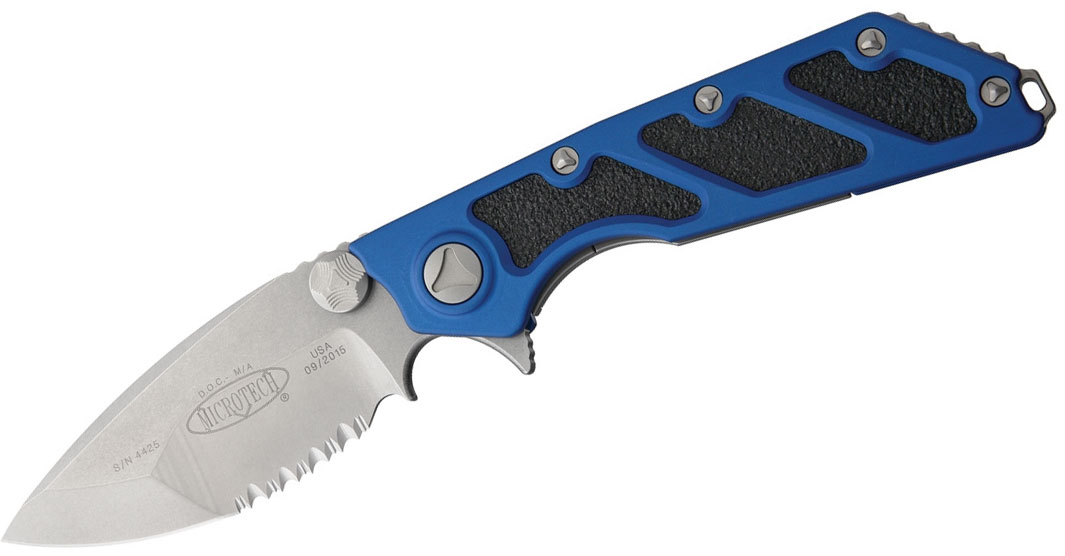 Microtech 153-11BL DOC Death on Contact Manual Flipper 4" Stonewashed Combo Blade, Blue Milled ...