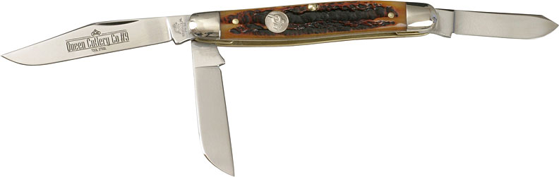 Queen Large Stockman w/3 Blades & Aged Honey Amber Stag Bone Handle 4 ...