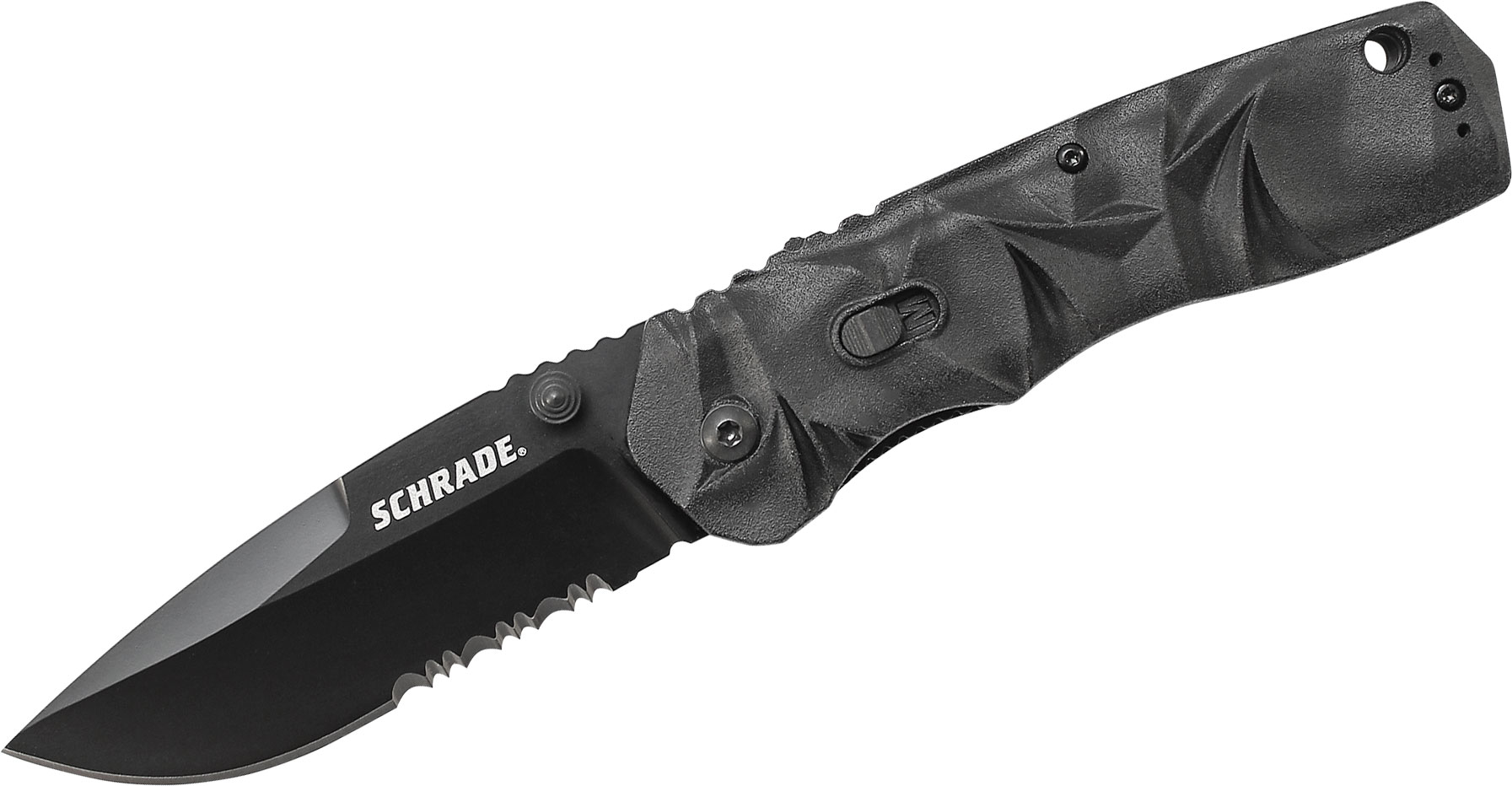 Schrade A12BS MAGIC Dual Action Assisted Opening 3.42" Black Combo Blade, Black Milled Aluminum ...