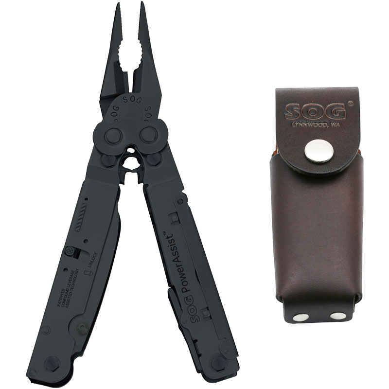 SOG PowerAssist Black Oxide Finish Multi-Tool with Leather Sheath ...