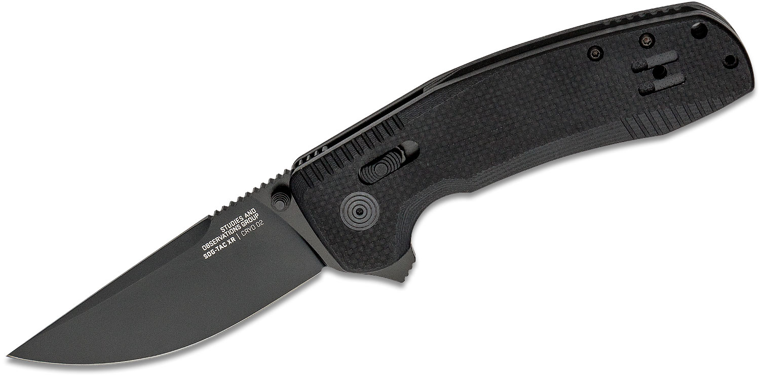 SOG SOG-TAC XR Flipper Knife 3.39" D2 Black Plain Blade, Black G10 ...
