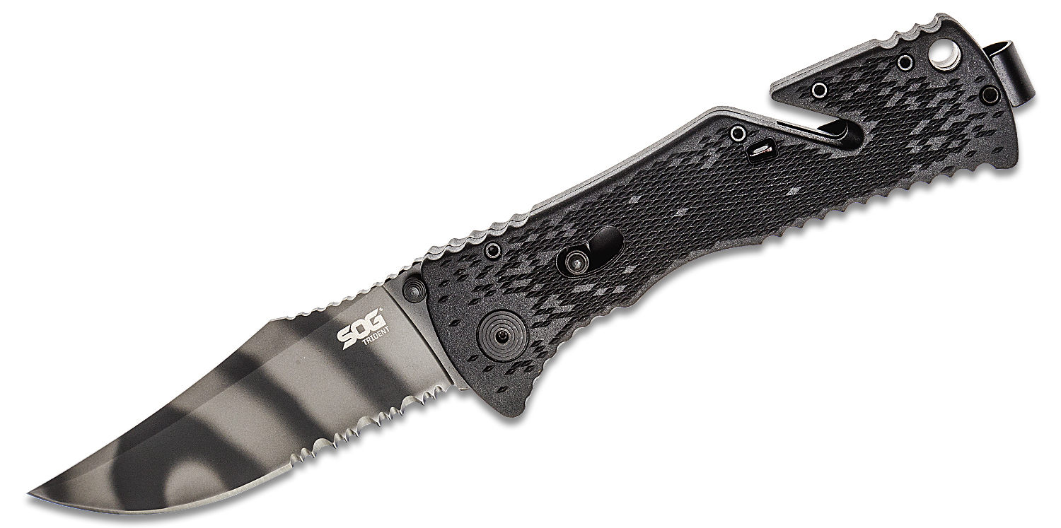 SOG Trident Folding Knife Assisted 3.75" Tigerstripe Combo Blade, Black ...
