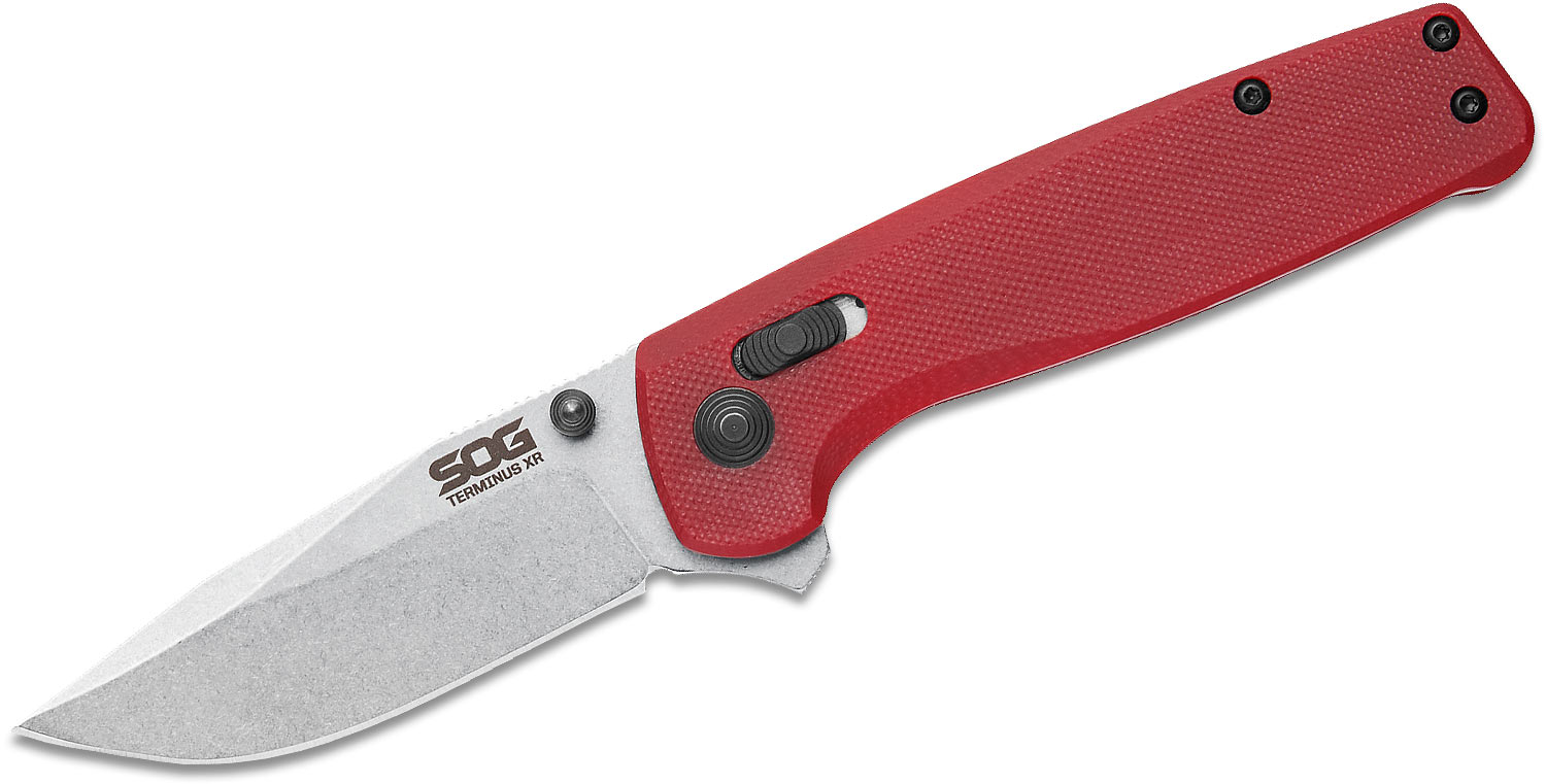 SOG Terminus XR Flipper Knife 2.95" Stonewashed D2 Clip Point Blade, Crimson G10 Handles - XR ...