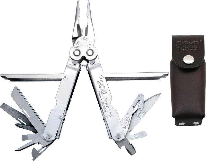 SOG PowerLock w/ V-Cutter Stainless Finish Multi-Tool with Leather ...