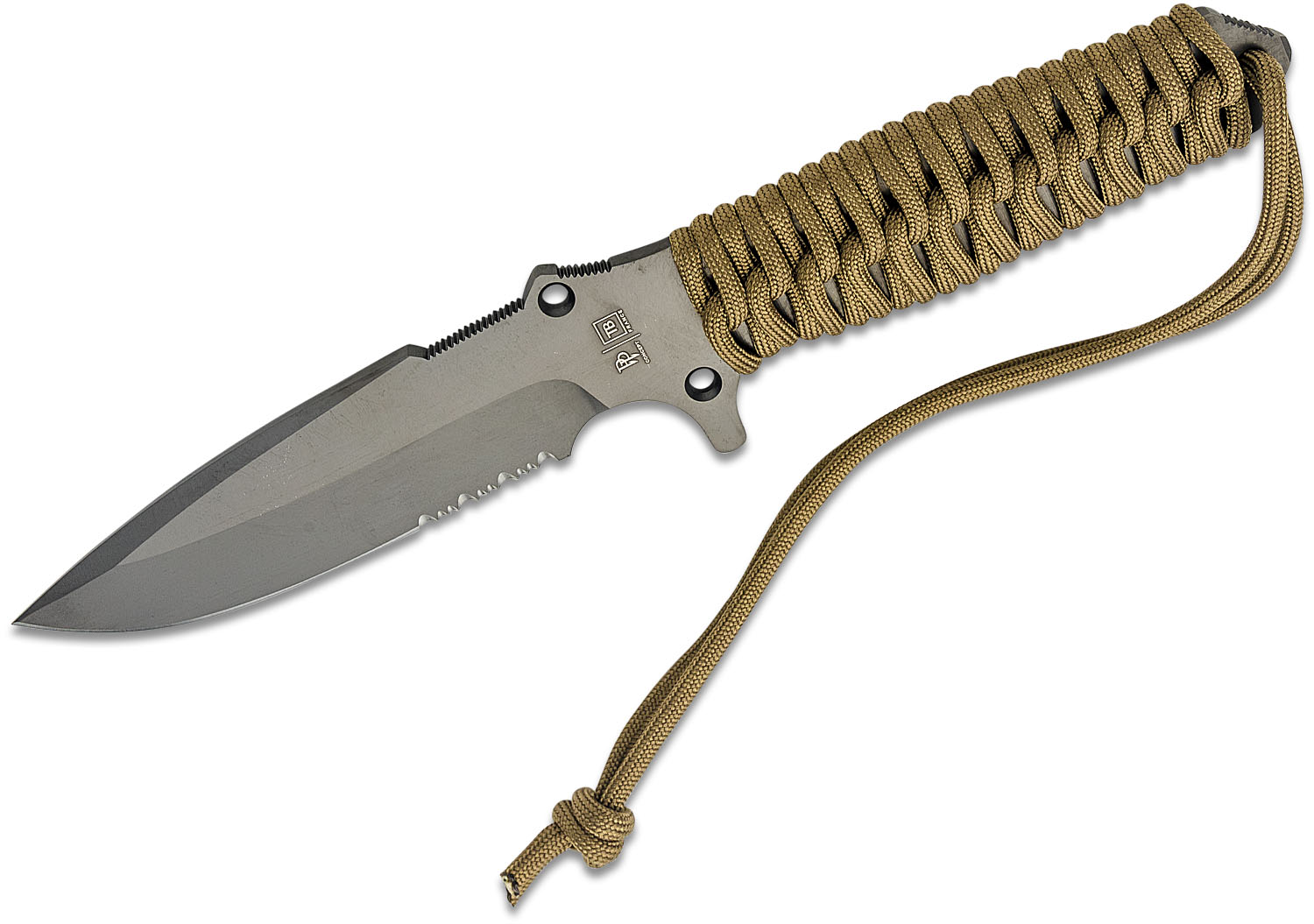 TB Outdoor Marauder Survival Knife, 4.88" MOX Gray PVD Drop Point Combo Blade, Tan Paracord ...
