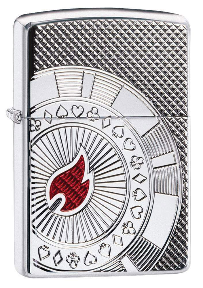 Zippo Lighter High Polish Chrome, Armor, Deep Carve Poker Chip with Flame Inlay - KnifeCenter ...