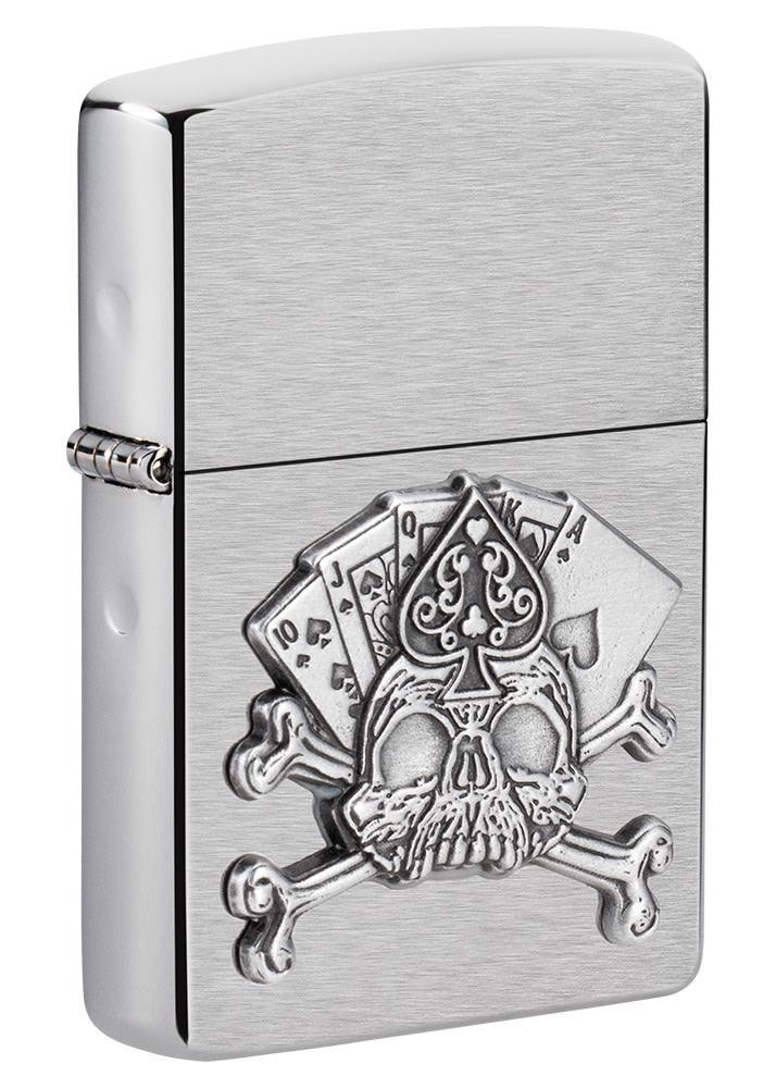 Zippo Lighter Brushed Chrome, Royal Flush Skull Emblem - KnifeCenter ...
